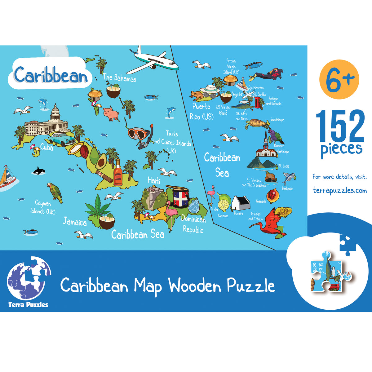 Caribbean Illustrated Map Wooden Jigsaw Puzzle for Children and Adults ...