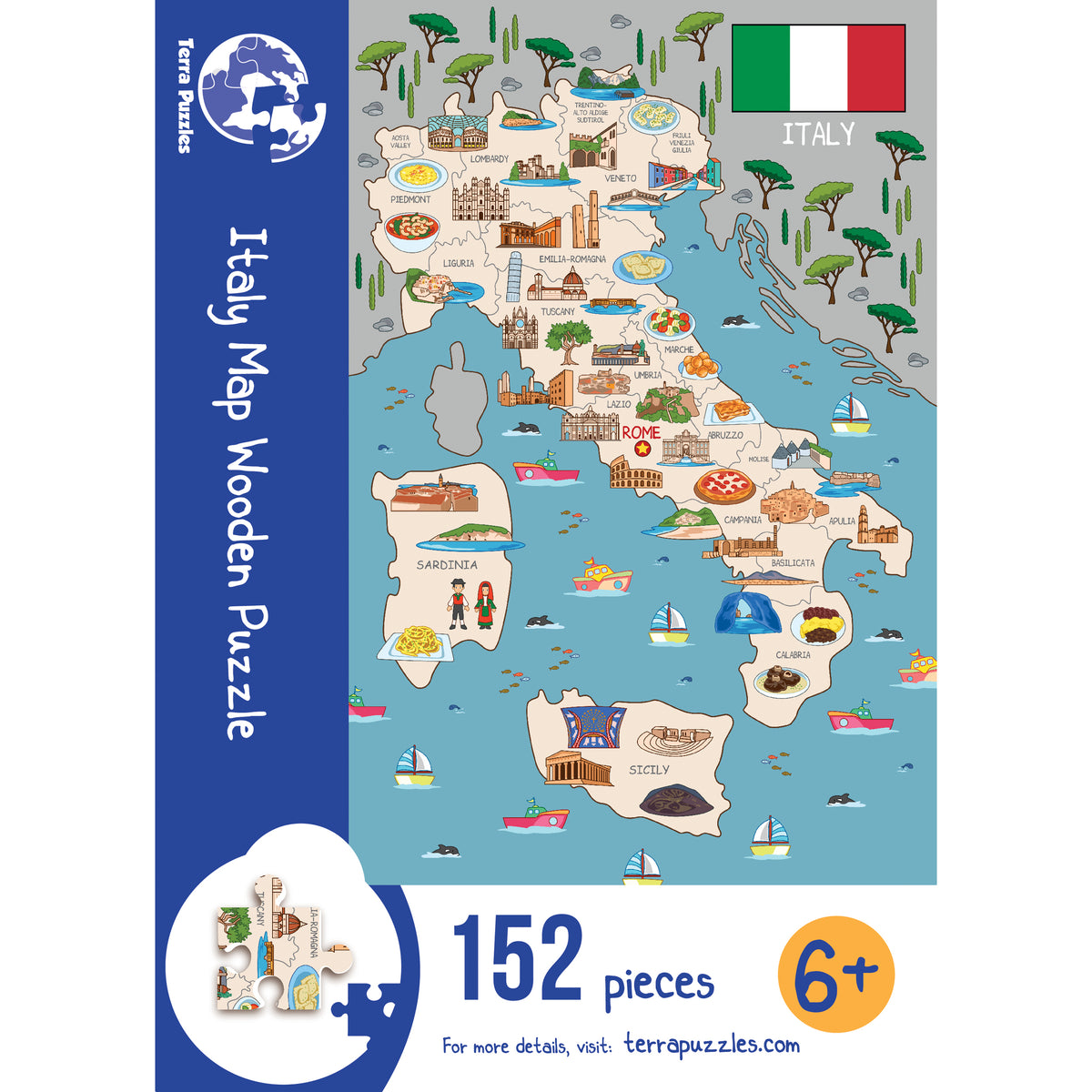 Italy Illustrated Map Wooden Jigsaw Puzzle for Children and Adults - 1 ...