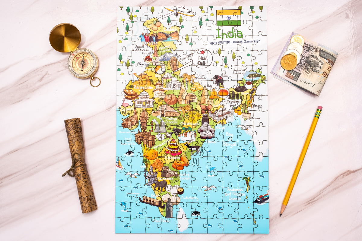 India Illustrated Map Wooden Jigsaw Puzzle for Children and Adults - 1 ...
