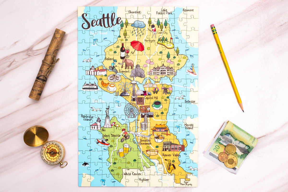 Seattle Illustrated Map Wooden Jigsaw Puzzle for Children and Adults ...
